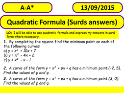 Quadratic formula surd answers | Teaching Resources