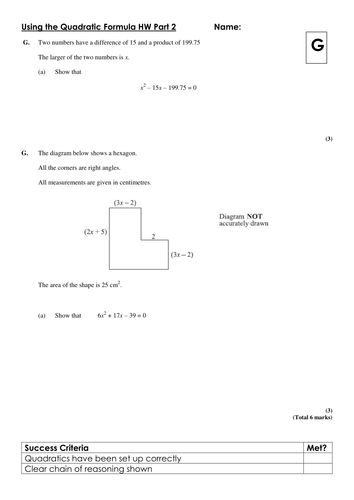 Using the Quadratic Formula: Homework | Teaching Resources