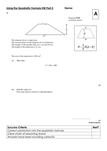 Using the Quadratic Formula: Homework | Teaching Resources