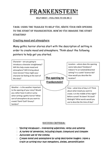 Writing your own opening to Frankenstein - help sheet | Teaching Resources