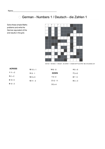 German Vocabulary - Numbers Parts 1 and 2 Crossword Puzzles | Teaching ...