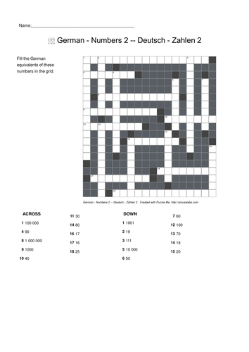 German Vocabulary - Numbers Parts 1 and 2 Crossword Puzzles | Teaching ...