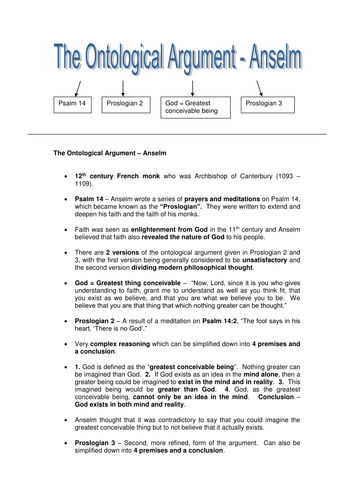 The Ontological Argument of Anslem - Revision | Teaching Resources