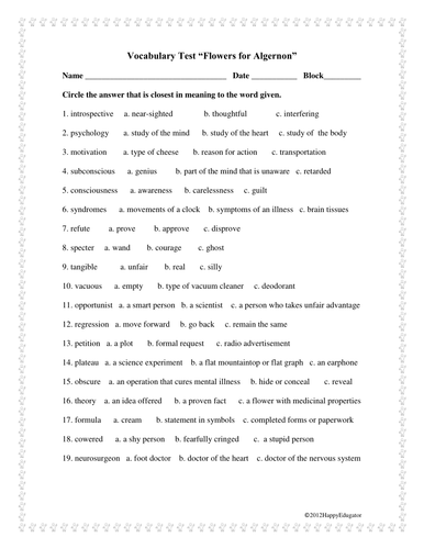 Flowers for Algernon Vocabulary Study | Teaching Resources
