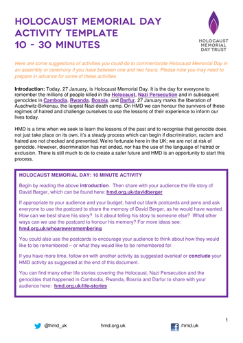 Holocaust Memorial Day 2016 - Activity Templates | Teaching Resources