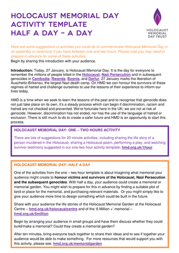 Holocaust Memorial Day 2016 - Activity Templates | Teaching Resources
