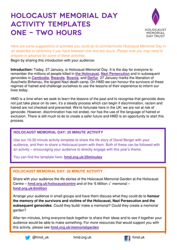 Holocaust Memorial Day 2016 - Activity Templates | Teaching Resources