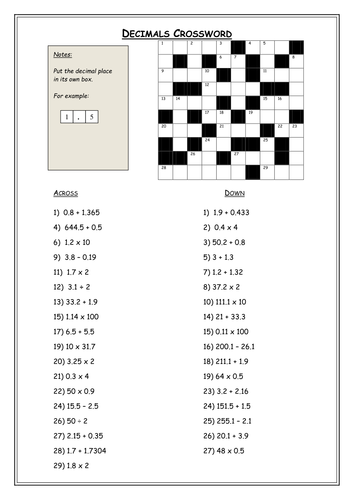 Decimals Crossword | Teaching Resources