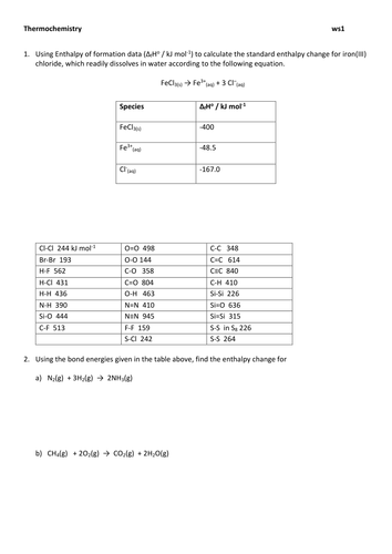 Chemistry: thermochemistry - Bond energy calculations | Teaching Resources
