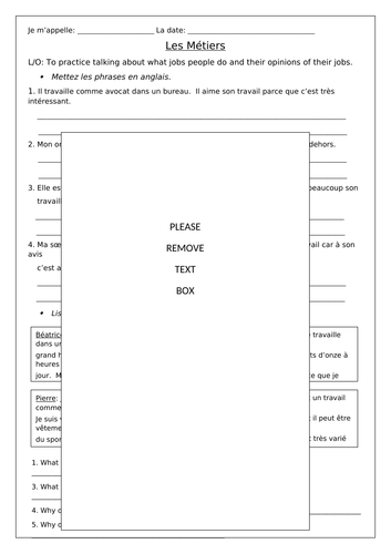 FRENCH - Jobs - Les Métiers - Worksheets | Teaching Resources
