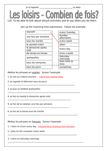 FRENCH - Leisure Activities - Les Loisirs - Worksheets | Teaching Resources