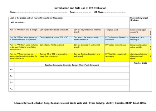 Key Stage 3 ICT Assessment Sheets (Grades based for 'Assessment Without ...
