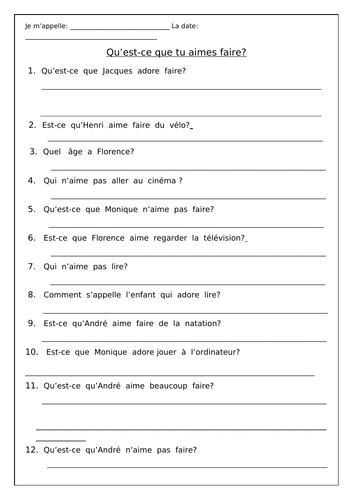 FRENCH - Hobbies - Qu'est-ce que tu aimes faire? - Worksheets ...