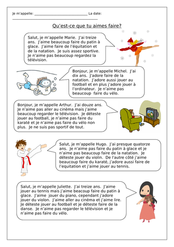 FRENCH - Hobbies - Qu'est-ce que tu aimes faire? - Worksheets ...