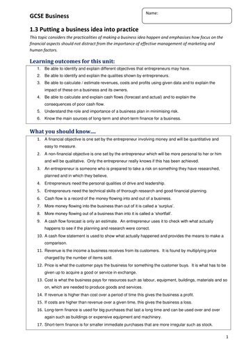 Booklets for Edexcel GCSE Business Studies unit 1 Introduction to small ...