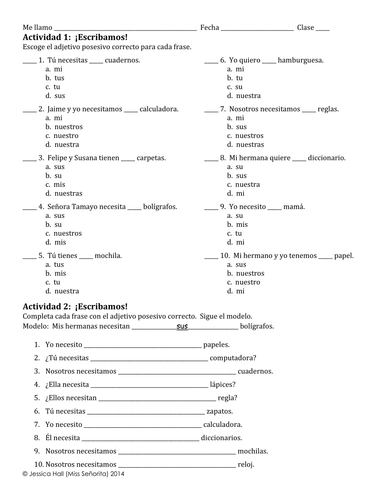 Spanish Possessive Adjectives Lesson | Teaching Resources