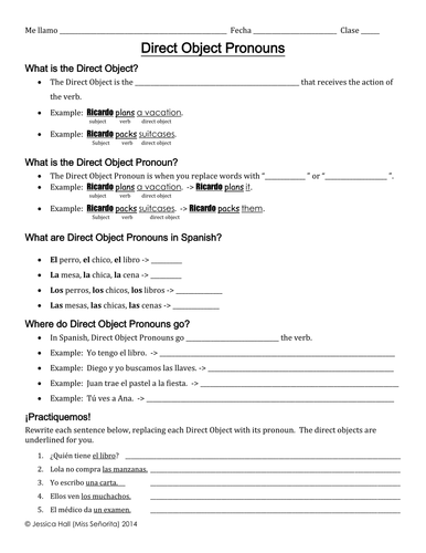 Spanish Direct Object Pronouns Lesson with the Present Tense | Teaching ...