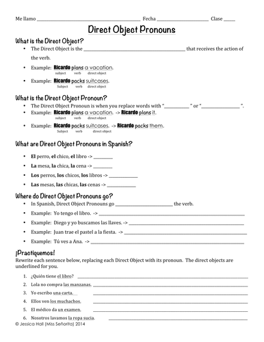 Spanish Direct Object Pronouns Lesson with the Present Tense | Teaching ...