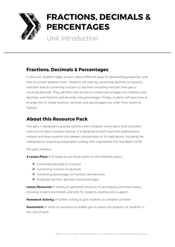 Fractions, Decimals & Percentages - Complete Unit of Work | Teaching ...