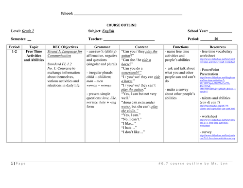 1 Semester Course Outline for Grade 7 | Teaching Resources