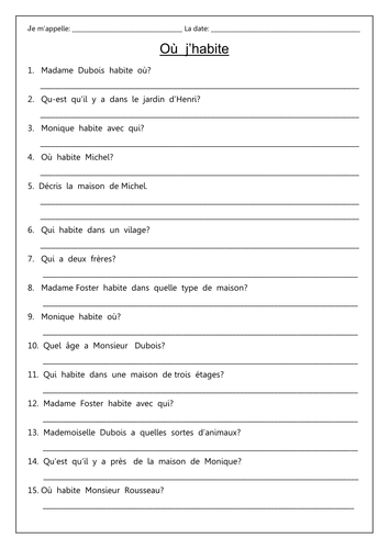 FRENCH - Where I live - Où j'habite - Revision - Worksheets | Teaching ...