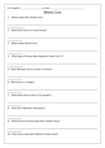 FRENCH - Where I live - Où j'habite - Revision - Worksheets | Teaching ...