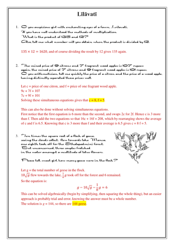 Extension - Ancient Indian Algebra Problems (Forming and solving ...