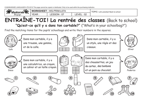 FRENCH-Y4/5-AT SCHOOL: Fournitures scolaires/School stationery/Numbers ...