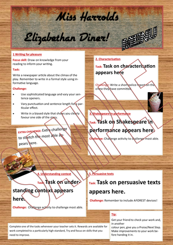 Shakespeare Home Learning/Homework Menu KS3 Lower | Teaching Resources