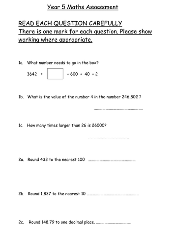 Year 5 Maths Baseline assessment | Teaching Resources