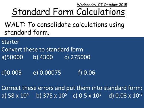 Standard Form Calculation lesson | Teaching Resources