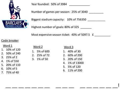 Premier League Percentages Code Breaker | Teaching Resources