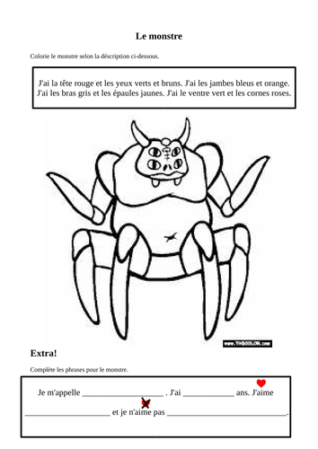 KS2 Monster reading activity - practice colours and body parts ...