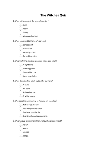 "The Witches" by Roald Dahl Crossword Puzzle and Quiz | Teaching Resources
