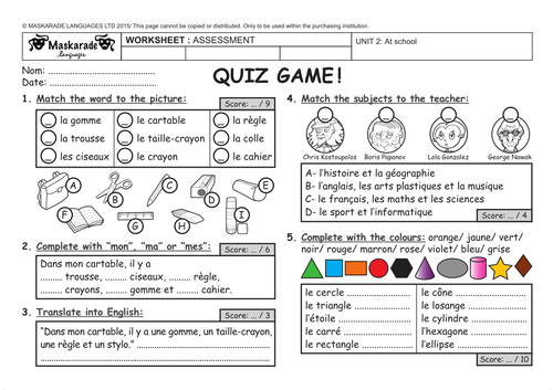 FRENCH-UNIT-2-AT-SCHOOL-2ND TO 5TH GRADES: School subjects and diary ...