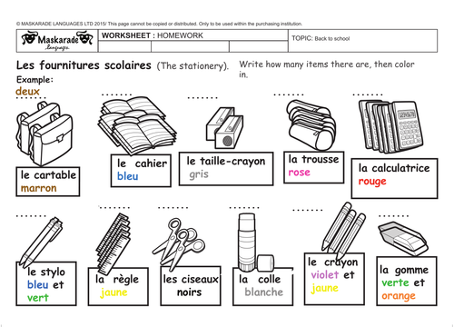 FRENCH-2ND/3RD GRADES- AT SCHOOL- School Stationery/ Numbers up to 20 ...