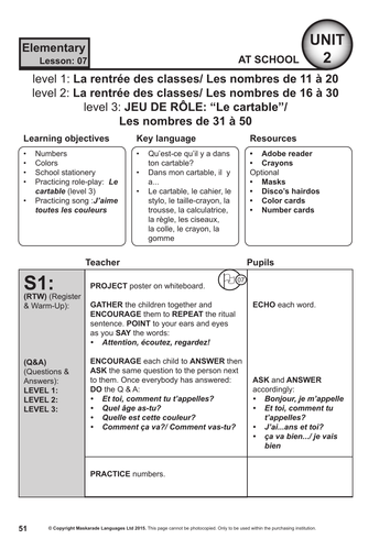 FRENCH-2ND/3RD GRADES- AT SCHOOL- School Stationery/ Numbers up to 20 ...