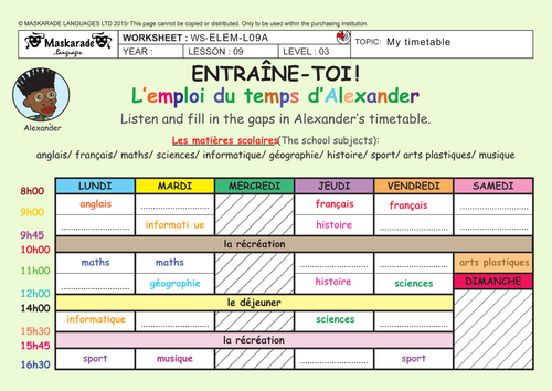 FRENCH - 4TH/5TH GRADES - AT SCHOOL: My school subjects and timetable ...