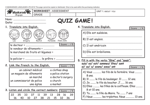 FRENCH - ABOUT YOU UNIT - ASSESSMENT - QUIZ TEST - 4TH TO 5TH GRADES ...