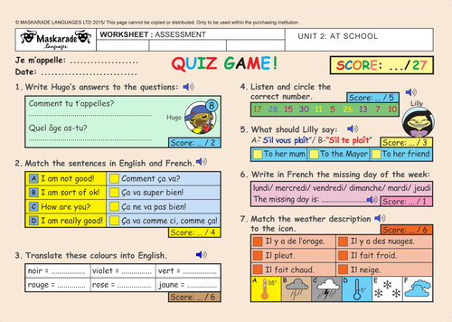 FRENCH - AT SCHOOL UNIT - ASSESSMENT - QUIZ TEST - 3R/ 4TH GRADES ...
