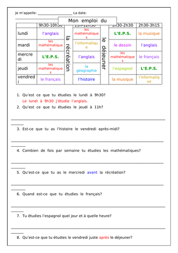 FRENCH - School Subjects & Time Table - Worksheets | Teaching Resources