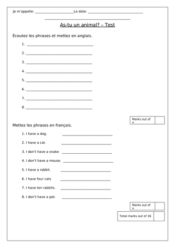 FRENCH - Animals - As-tu un animal? - Worksheets | Teaching Resources