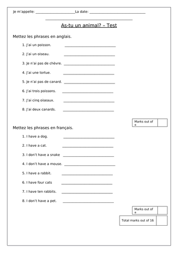 FRENCH - Animals - As-tu un animal? - Worksheets | Teaching Resources