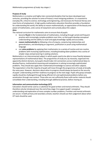 Mathematics National Curriculum for England - KS1 Programme of study in ...