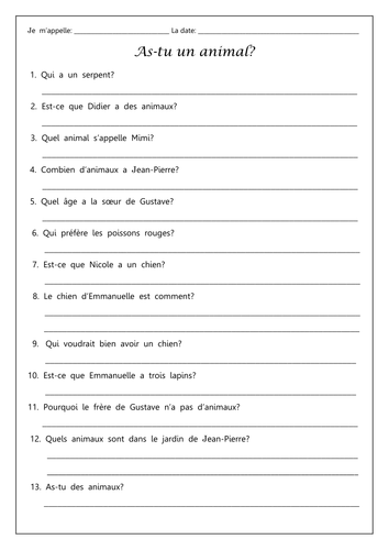 FRENCH - Animals - As-tu un animal? - Worksheets | Teaching Resources