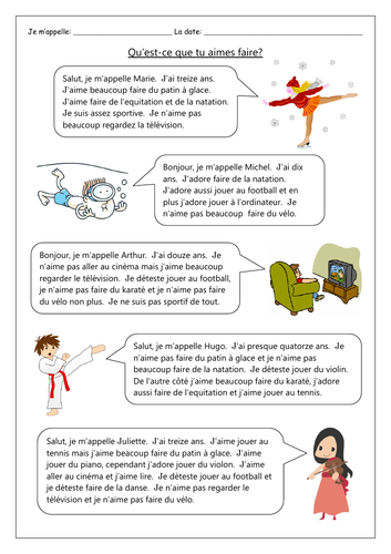 FRENCH - Hobbies - Qu'est-ce que tu aimes faire? - Worksheets ...
