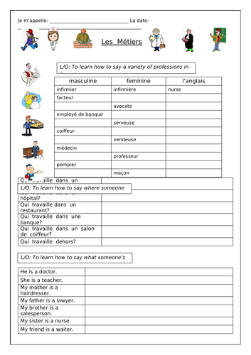 FRENCH - Jobs - Les Métiers - Worsheets | Teaching Resources
