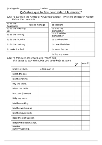 FRENCH - Household Chores - Le Ménage - Worksheets | Teaching Resources