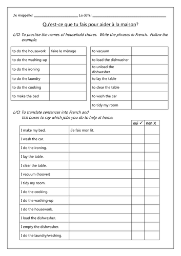 FRENCH - Household Chores - Le Ménage - Worksheets | Teaching Resources