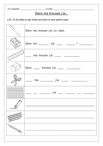 FRENCH - Pencil case items - Dans Ma Trousse - Worksheets | Teaching ...